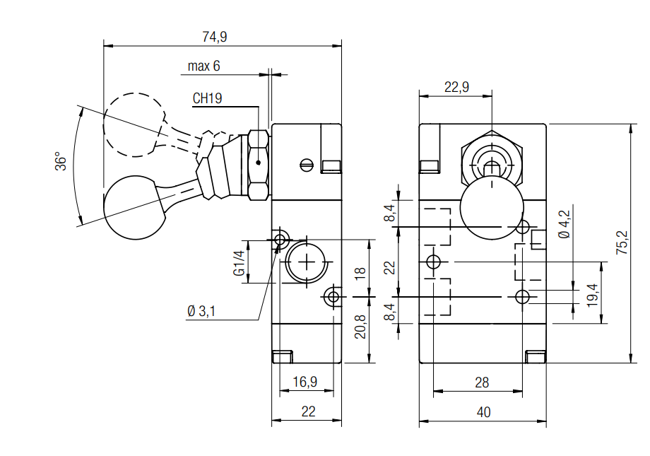 Lever valve monostable 1/4 3/2 NC lever 90 degrees Aignep: ADAJUSA : price